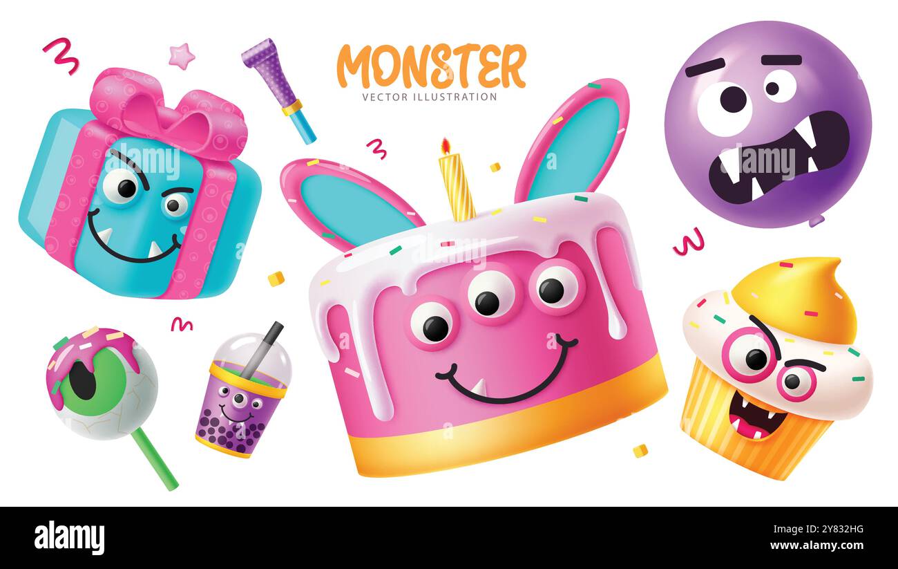 Monster party characters elements vector set design. Birthday halloween ...