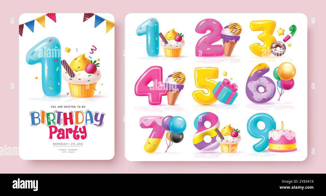 Birthday party numbers vector set design. Birthday greeting with ...