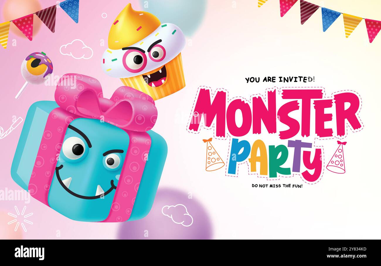 Monster party invitation vector design. Birthday party greeting text ...