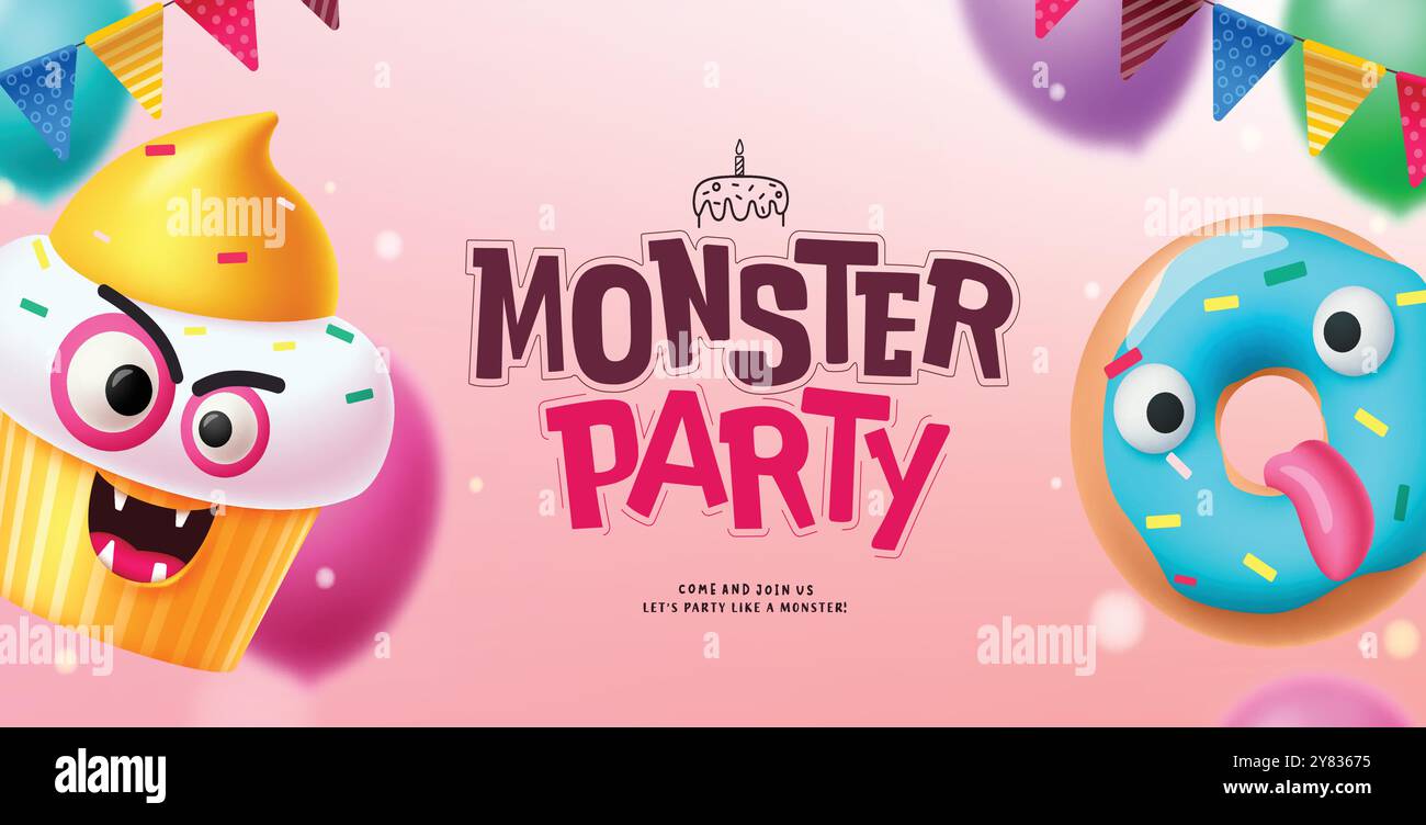 Monster party greeting text vector design. Birthday halloween ...