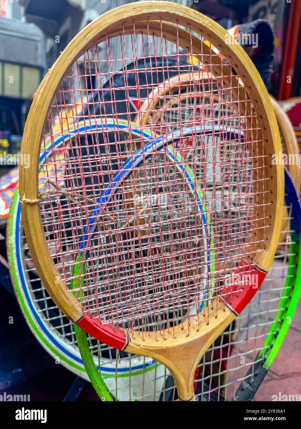 Old Fashioned Vintage and Broken Wooden Tennis badminton Rackets . High ...
