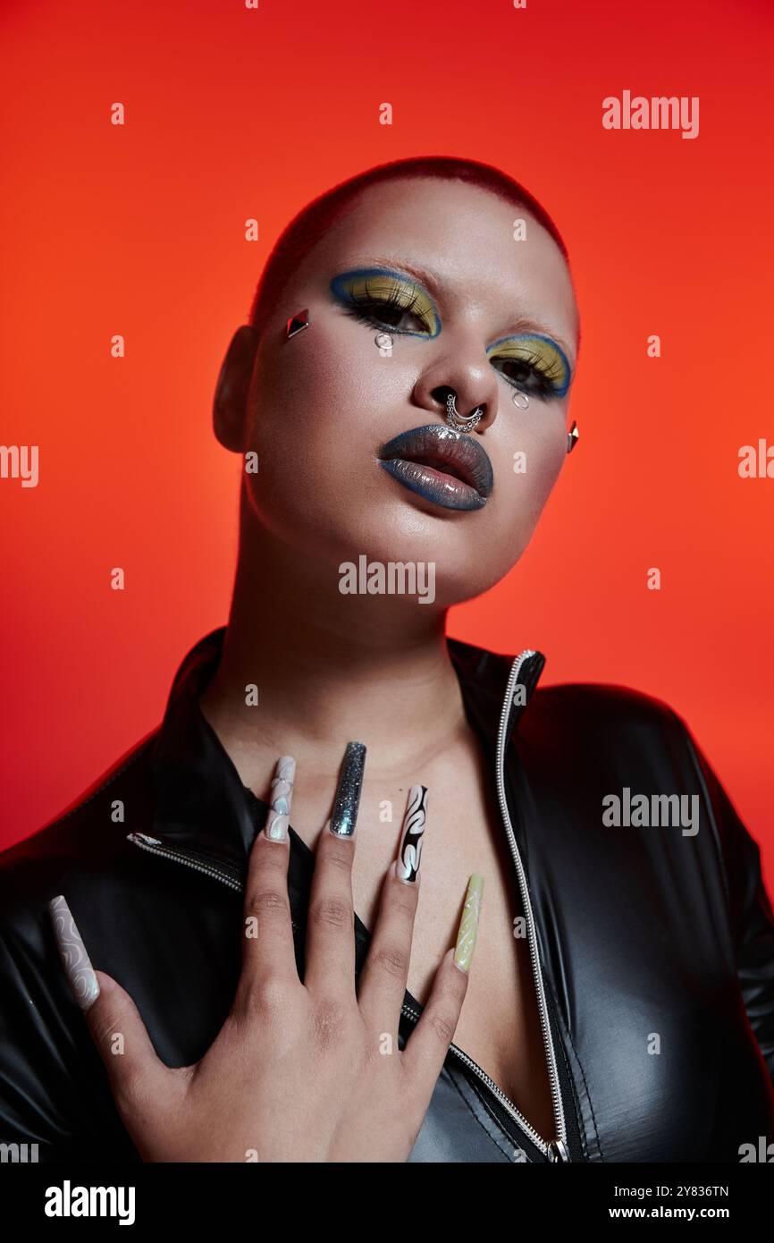 The young woman confidently exhibits her striking look, highlighted by ...