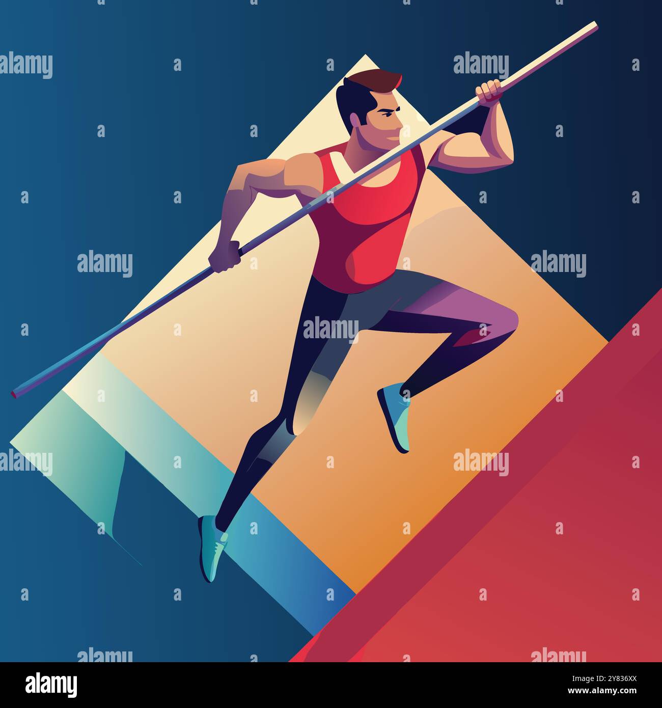 Dynamic illustration of a male athlete in mid air. ready to compete in ...