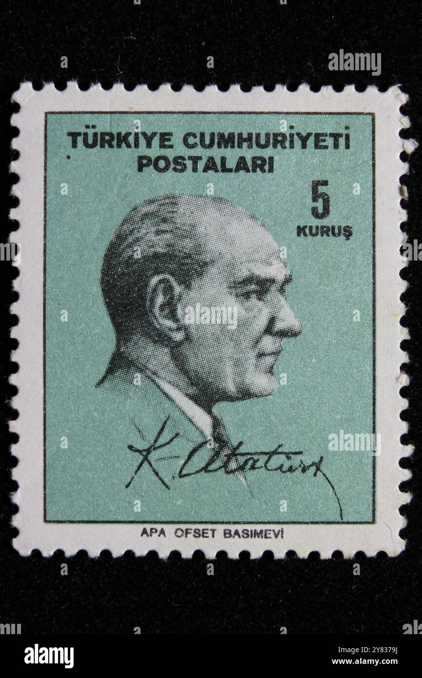 ISTANBUL, TURKEY - DECEMBER 25, 2020: Turkish stamp shows Mustafa Kemal ...