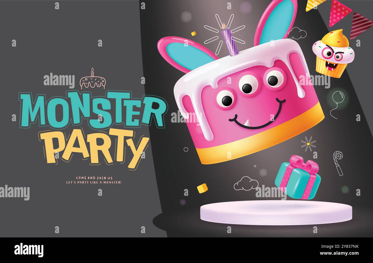 Monster party podium vector design. Birthday halloween invitation card ...