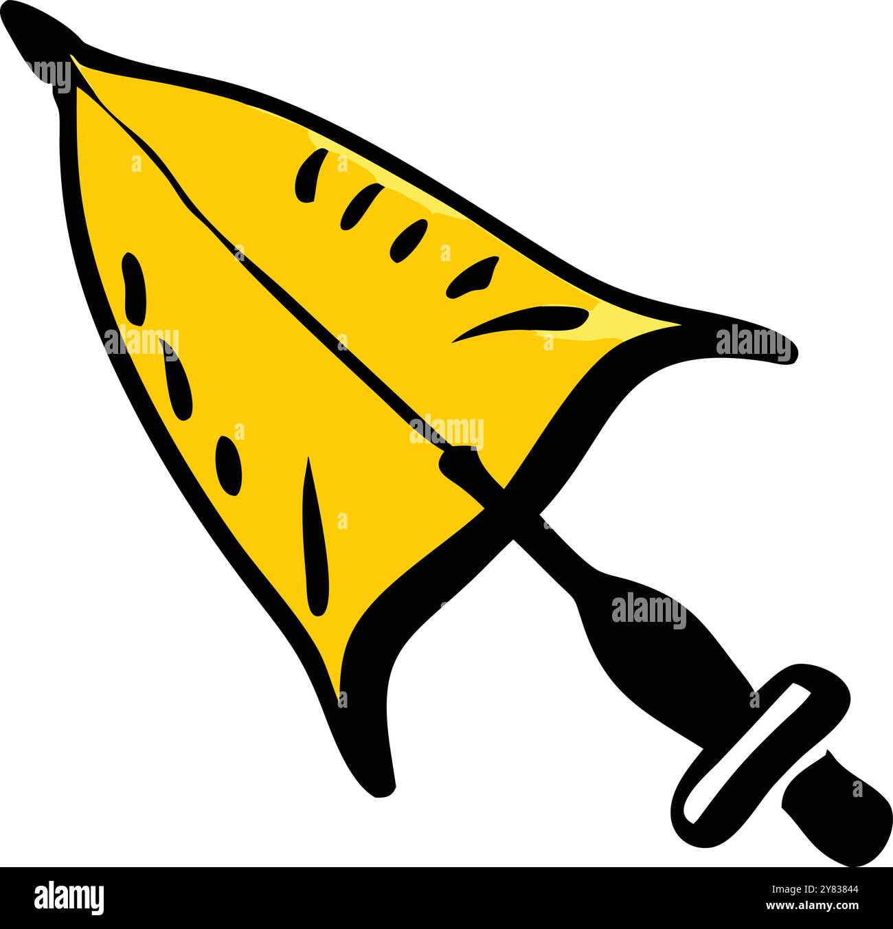 A simple. bold icon depicting a yellow quill pen with black ink. The ...