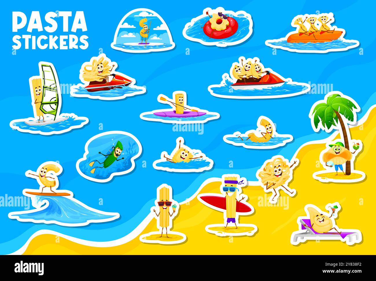 Cartoon Italian pasta personages on summer vacation, vector characters ...