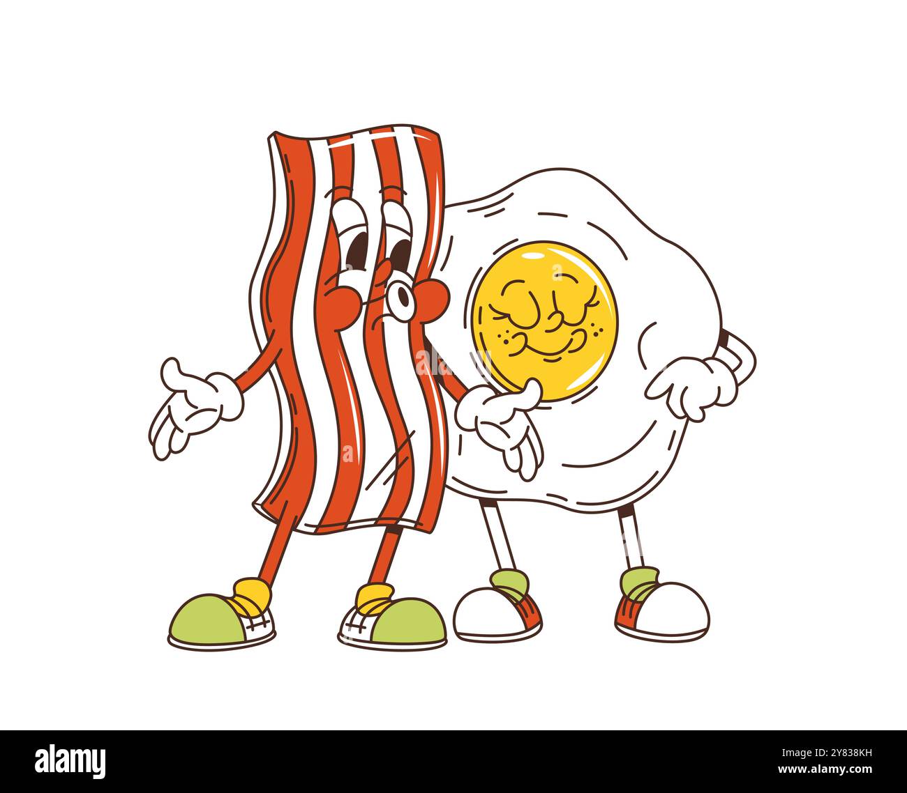 Cartoon retro groovy breakfast bacon and egg characters. Cute and funny ...
