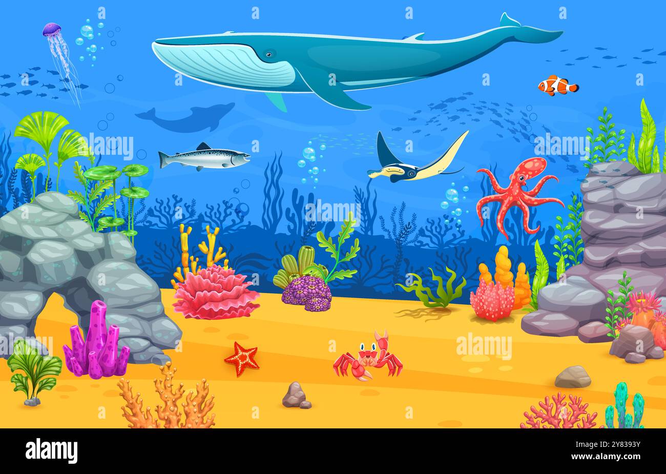 Game sea underwater landscape with giant whale and manta ray, octopus ...