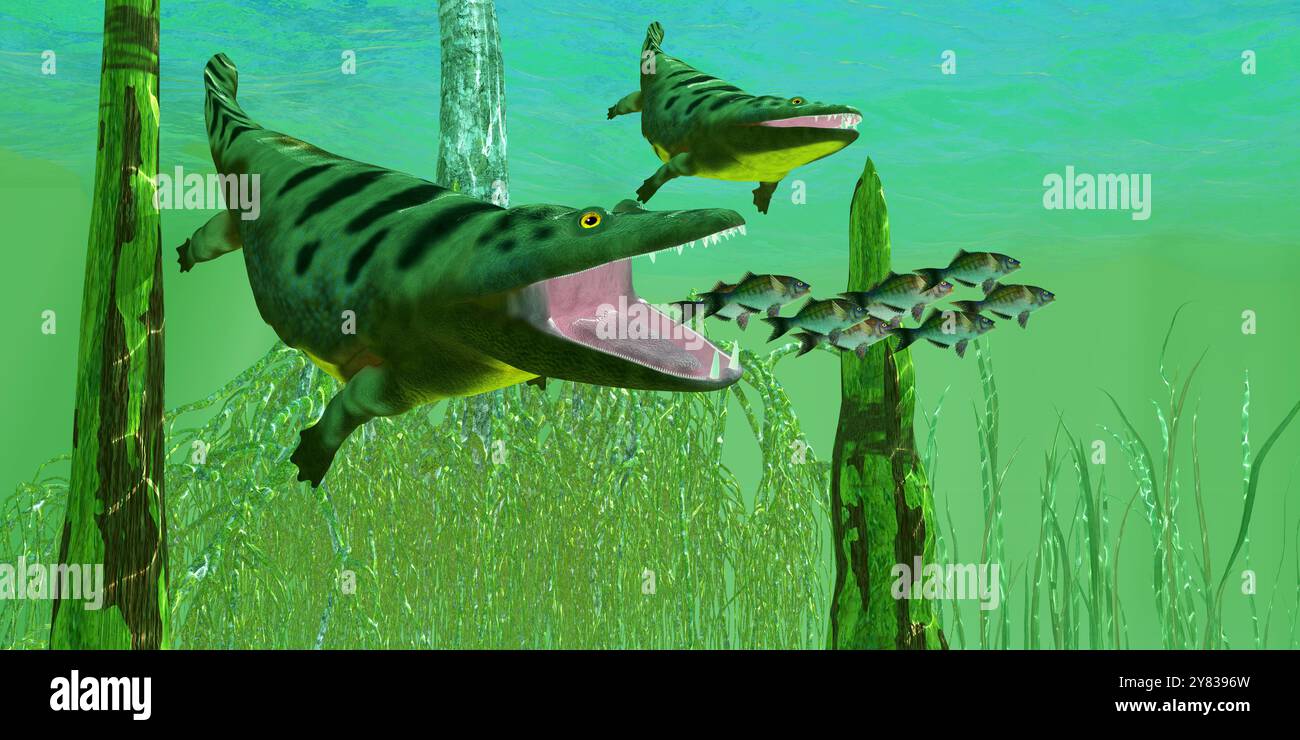 Mastodonsaurus reptiles chase a school of lake perch during the ...