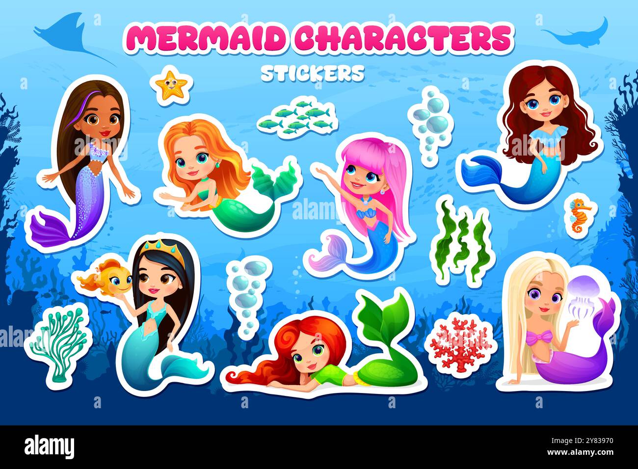 Cartoon mermaid characters stickers of cute underwater little girls ...