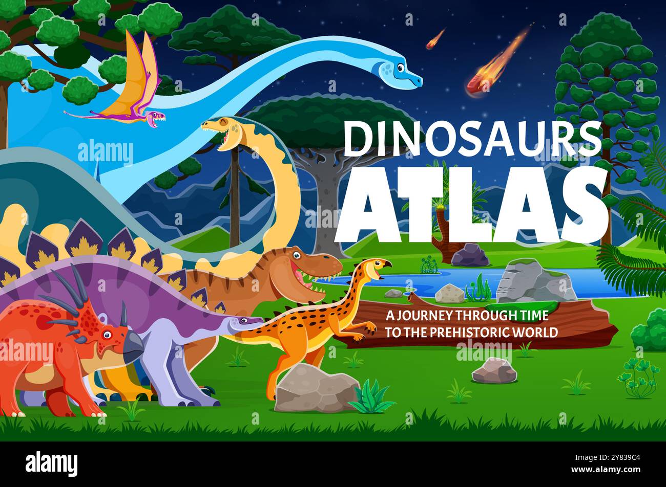 Prehistoric dinosaurs atlas book cover featuring dino creatures in a lush, prehistoric landscape ...
