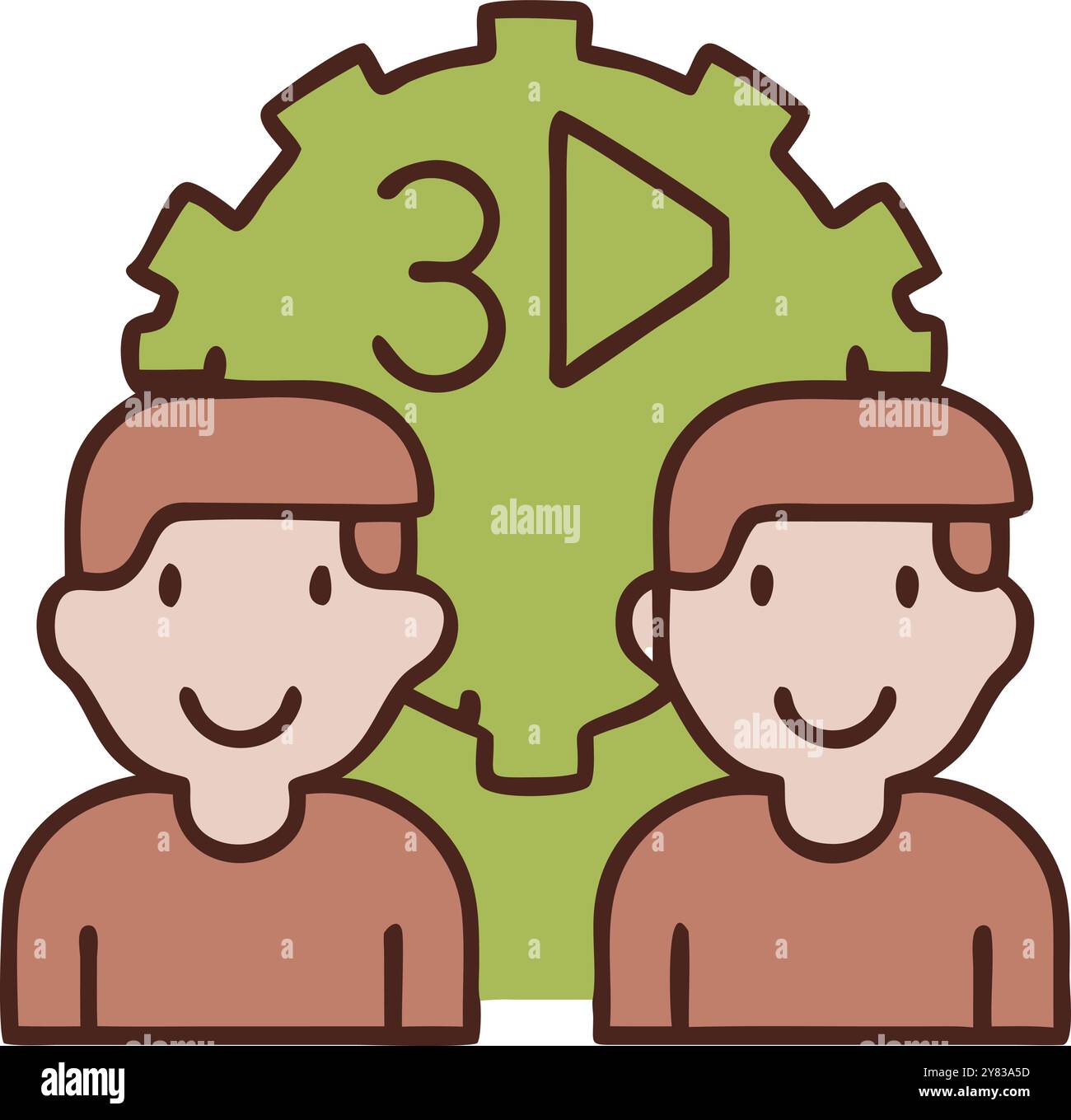 Two smiling people stand side by side. with a gear representing 3D ...
