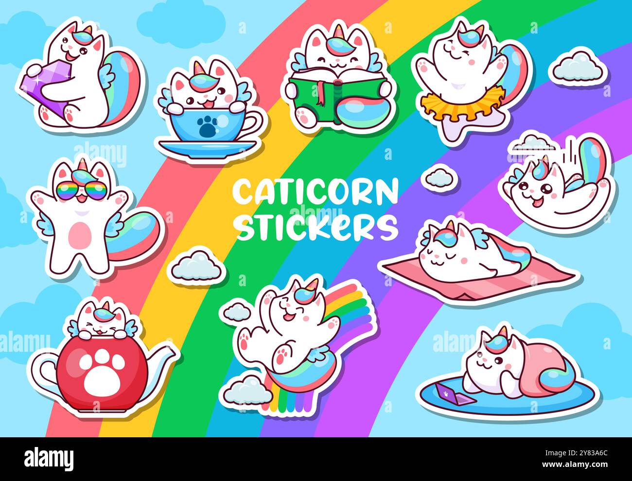 Cute cartoon caticorn cat or kitten characters sticker, vector funny or ...