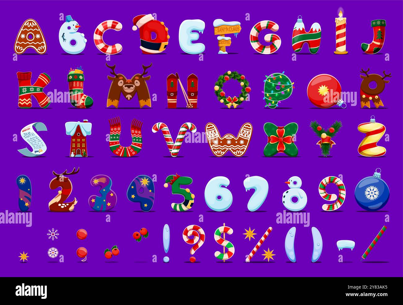 Merry Christmas font, xmas alphabet letters and numbers, cartoon winter ...