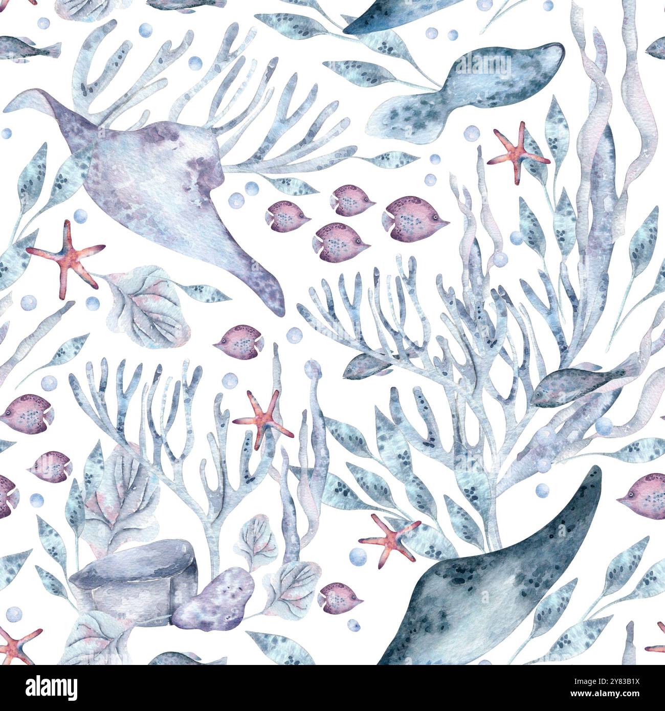 Watercolor underwater scene featuring marine life, stingrays, starfish ...