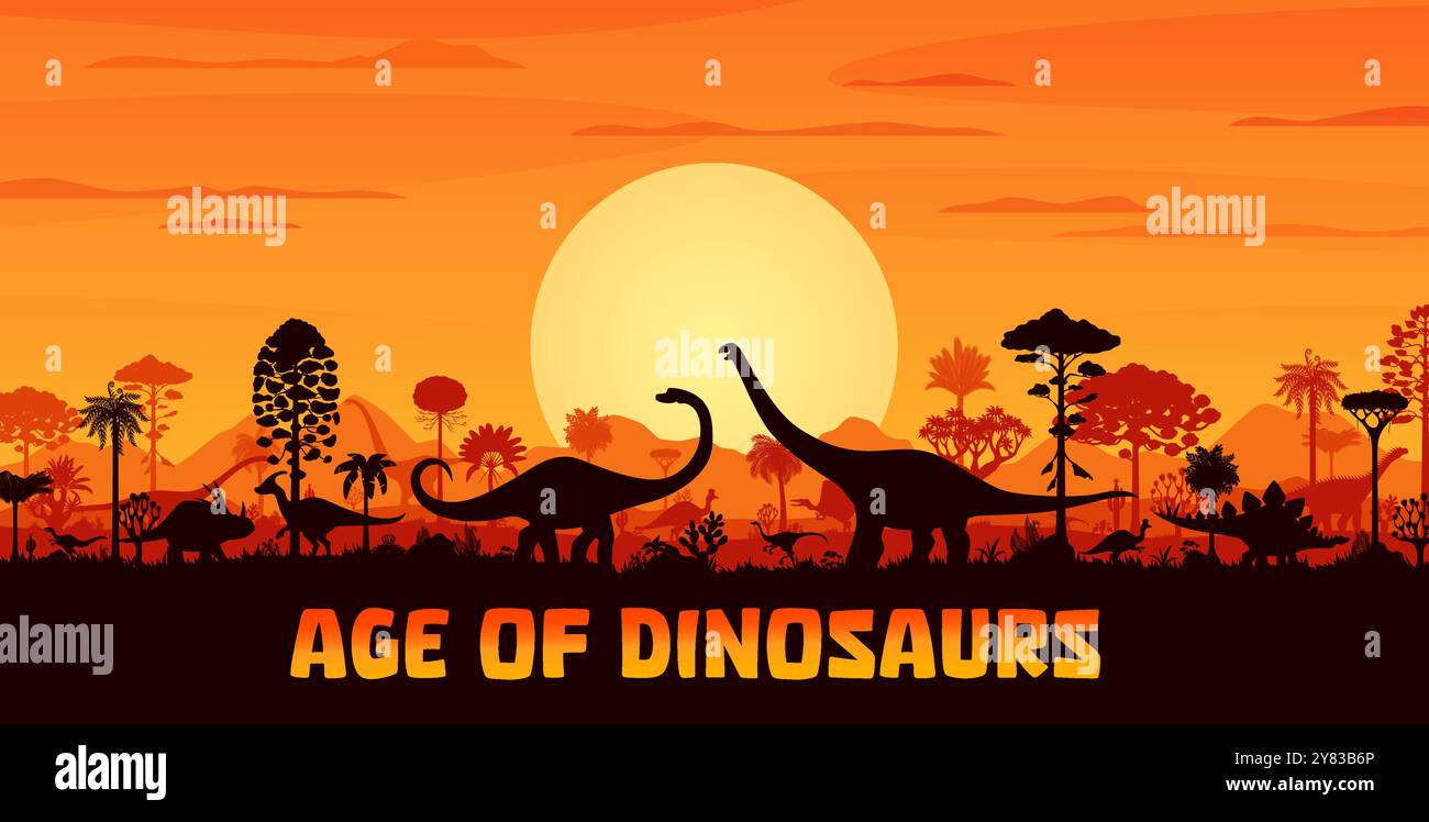 Giant dinosaurs silhouettes on sunset landscape. Vector Prehistoric ...