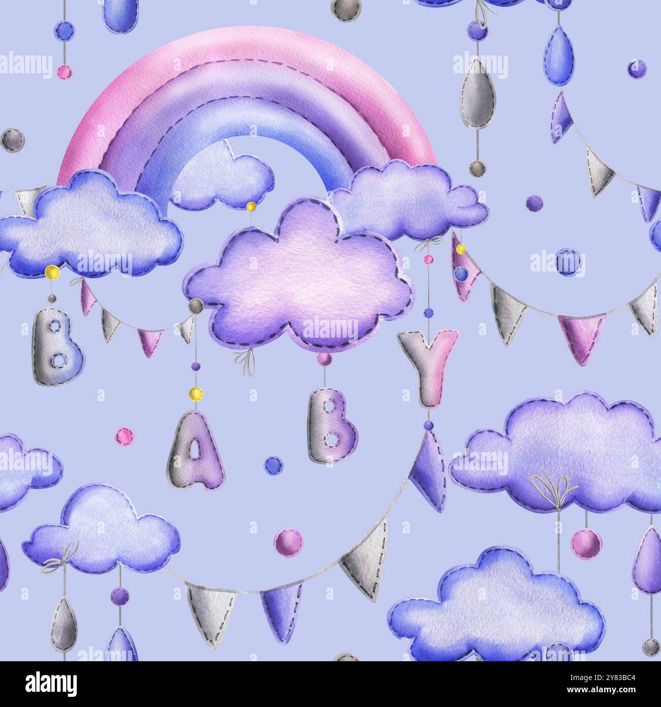 A stitched rainbow with clouds and letters BABY, garland flags, dots ...