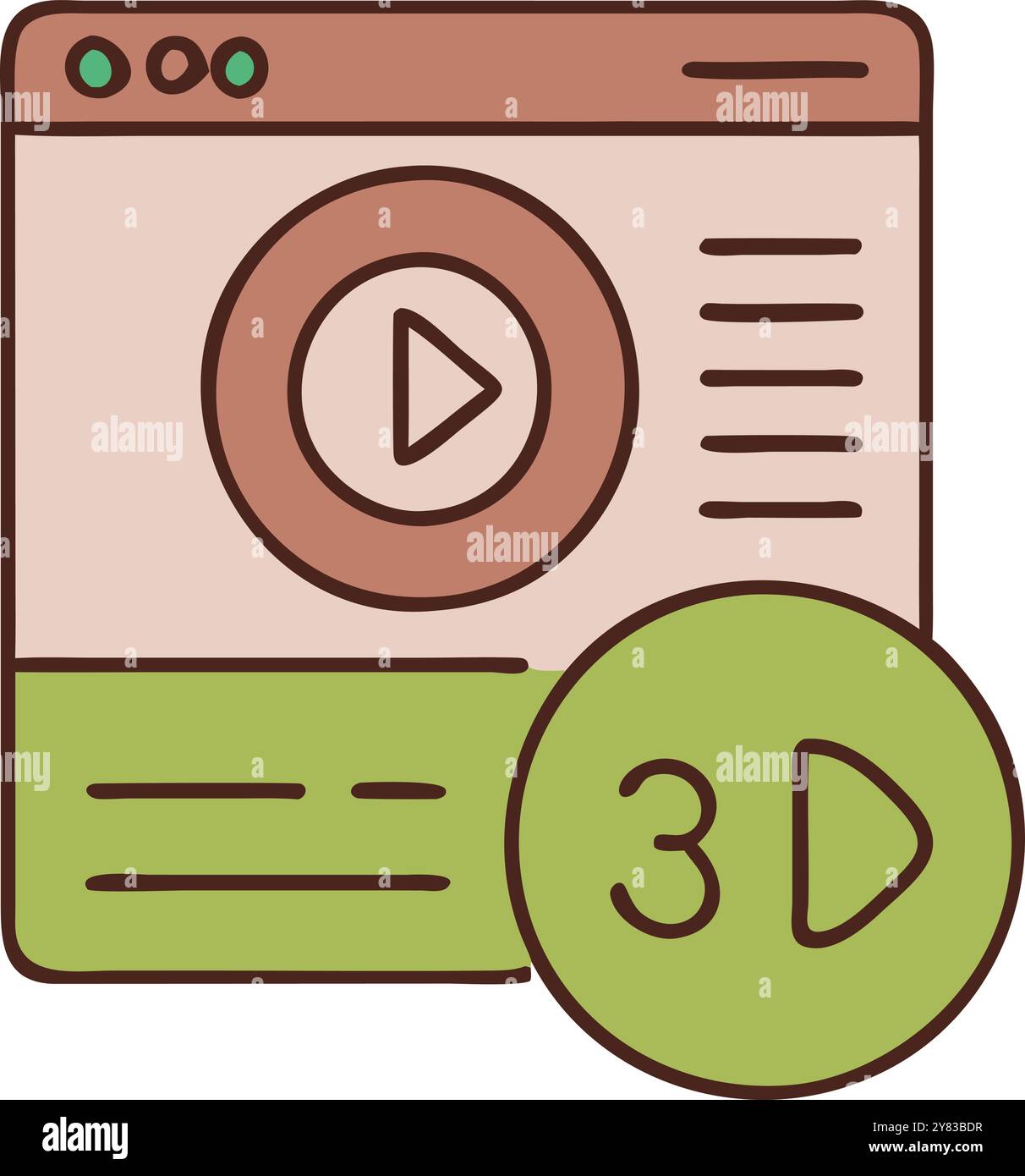 A cartoon style illustration of a web browser window with a play button ...