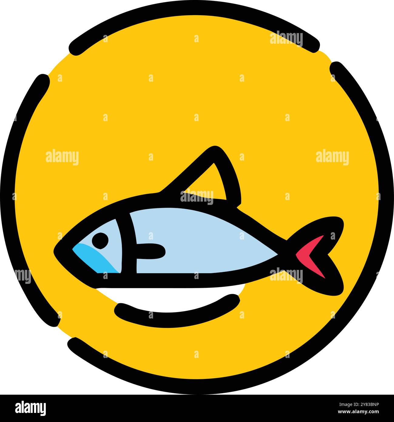 A simple and bold illustration of a fish inside a yellow circle with a ...