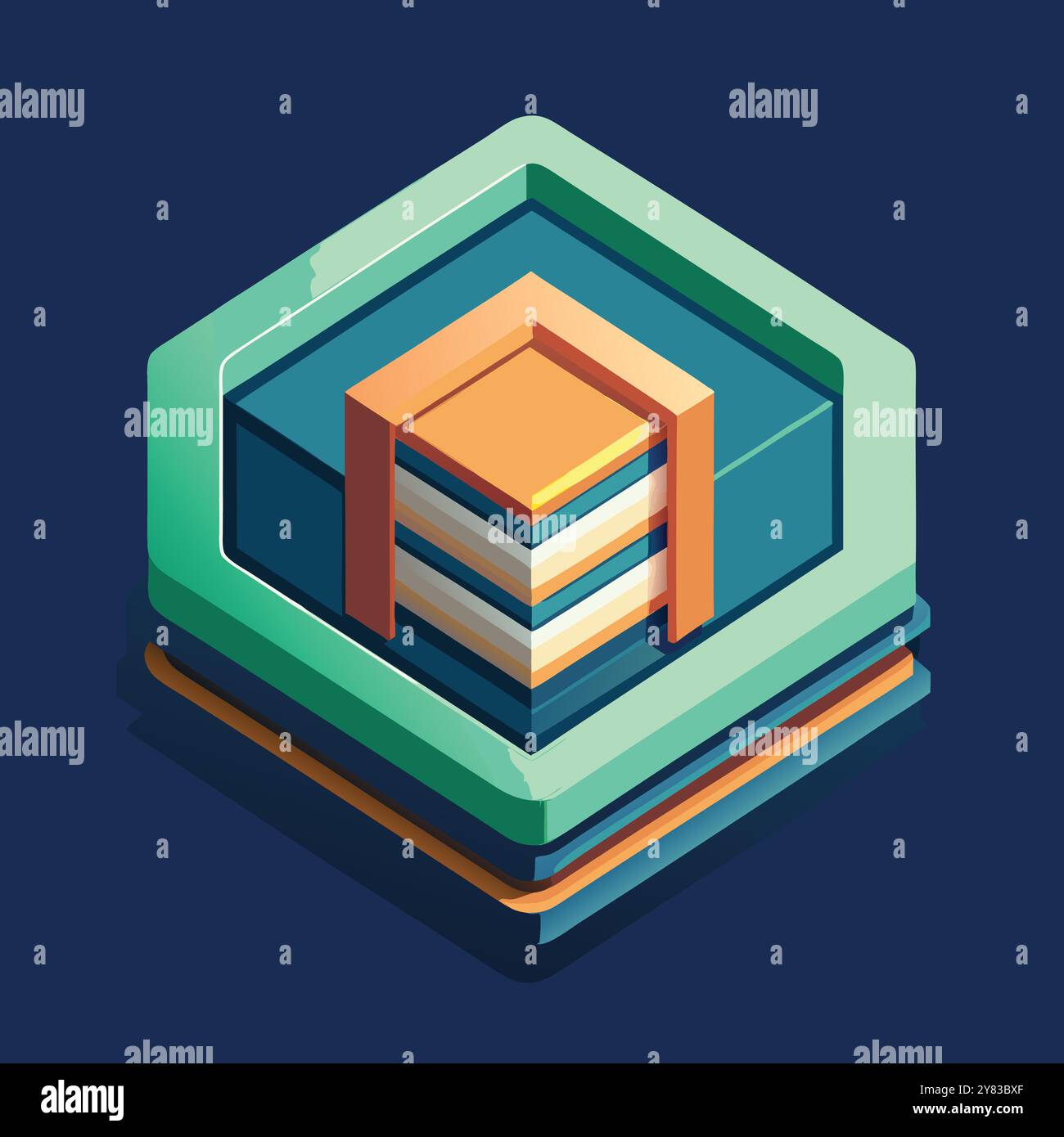 Abstract geometric shape with layered isometric design in blue. green ...