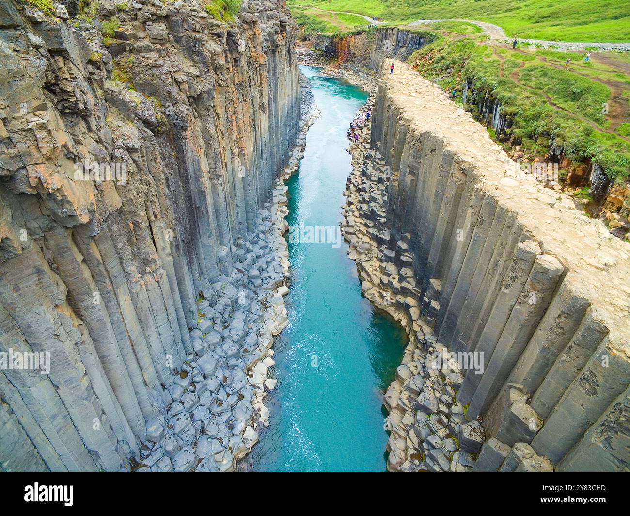 Aerial view of Stuðlagil Canyon known for its columnar basalt rock ...