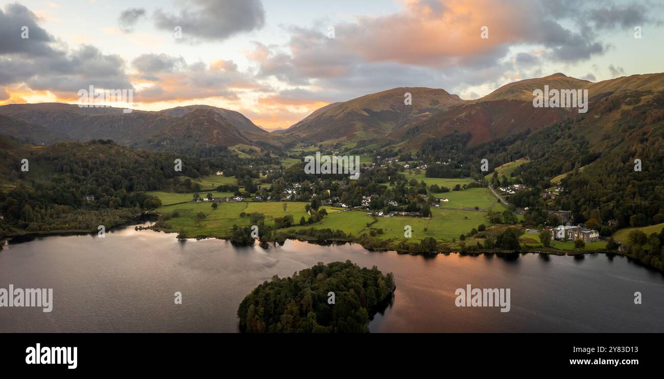 Aerial panoramic landscape of the Lake District village of Grasmere ...