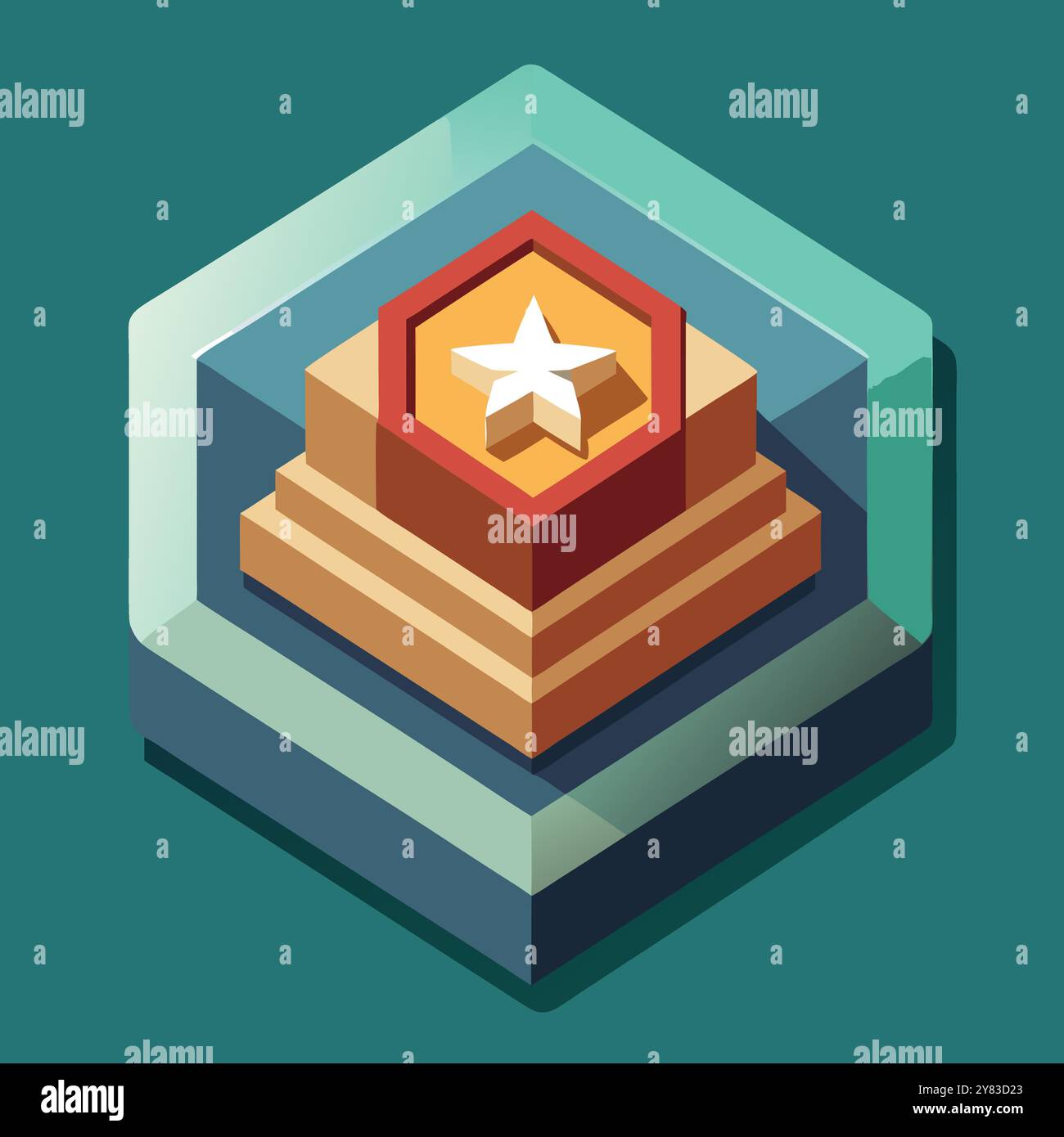 A modern. geometric icon featuring a white star on a hexagonal platform ...