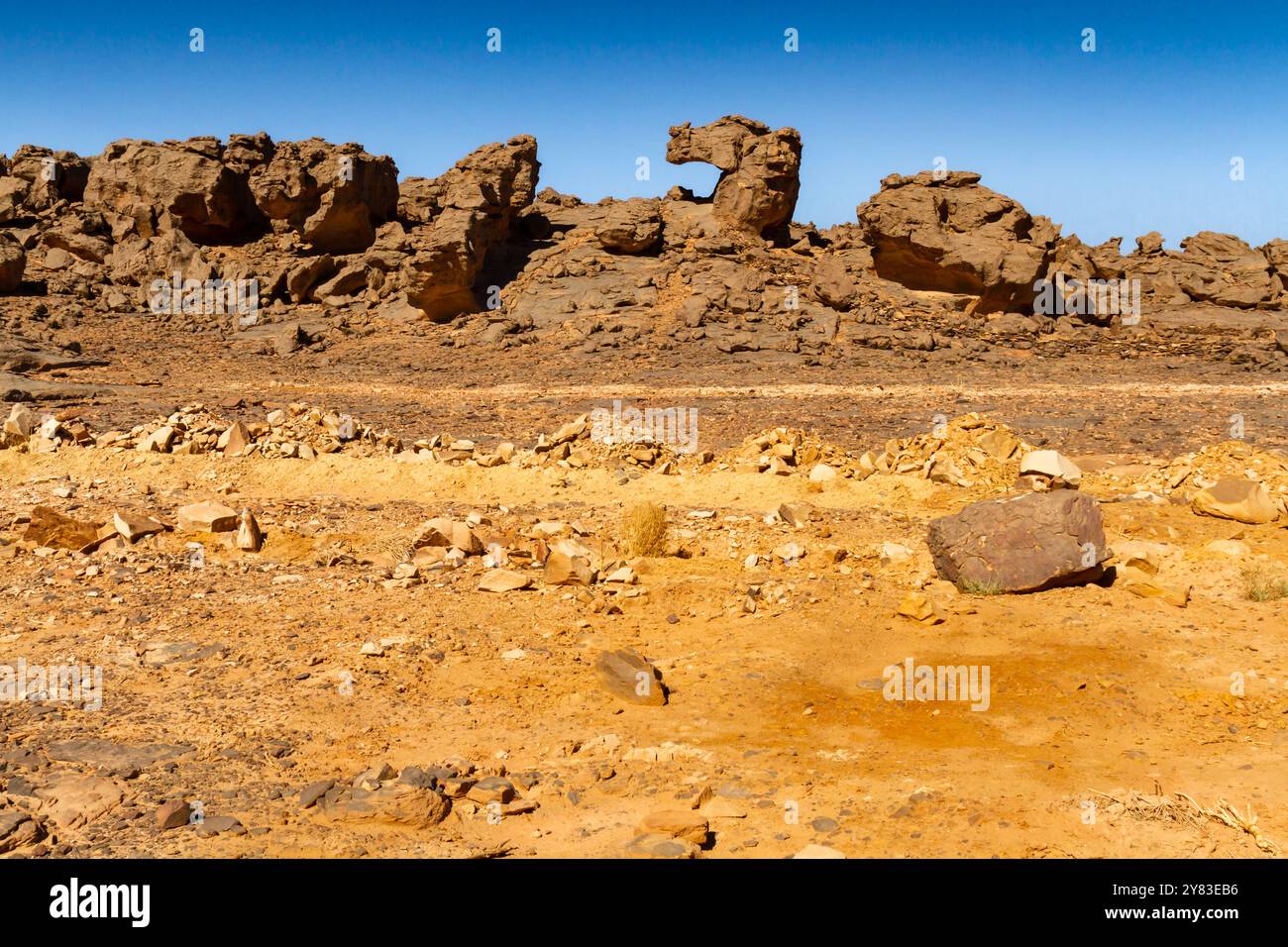 Sahara desert. Sand and amazing, single rock formation. An inselberg at Tegharghart, south of ...