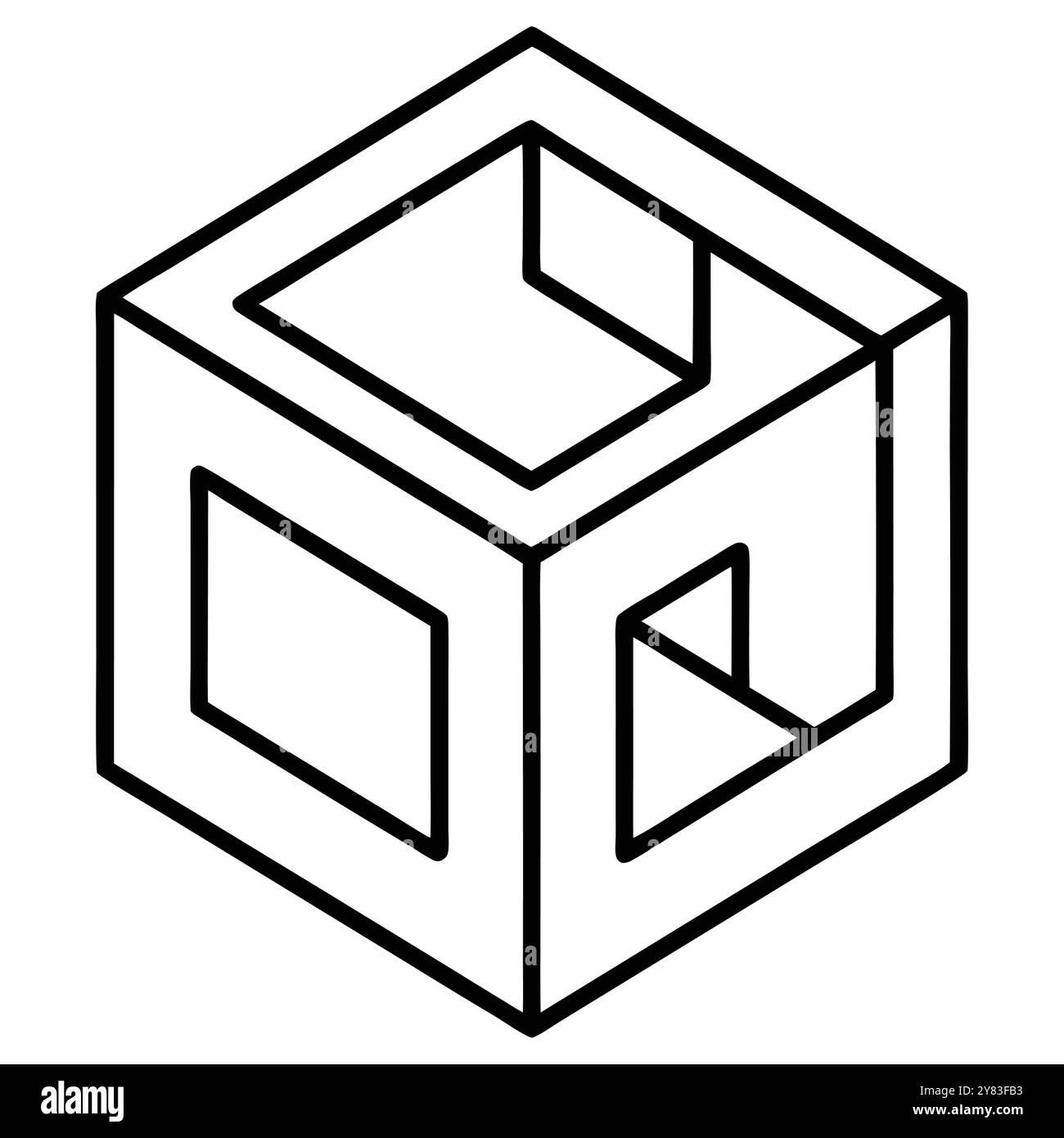 A simple line drawing of a cube with an open center. The design is ...