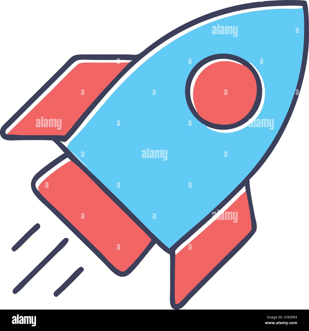 A simple. cartoon style illustration of a red and blue rocket ship ...