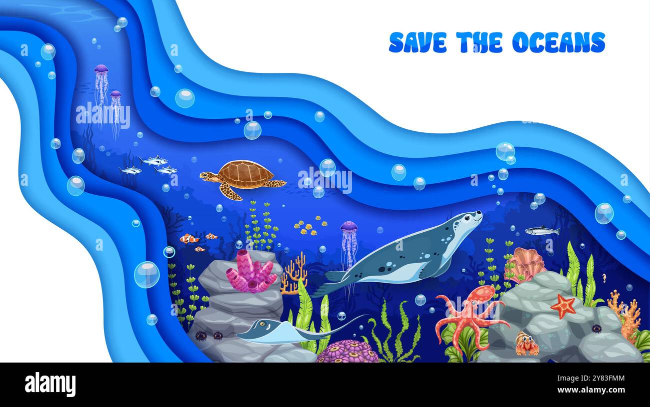 Save the ocean paper cut poster with underwater landscape and marine ...