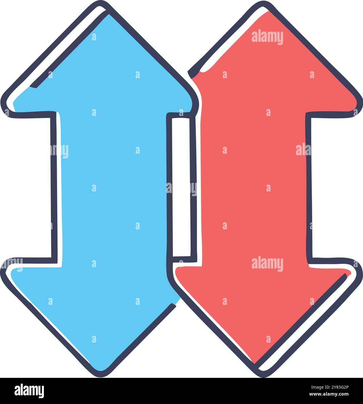 A simple and modern icon representing two opposing arrows. one blue ...