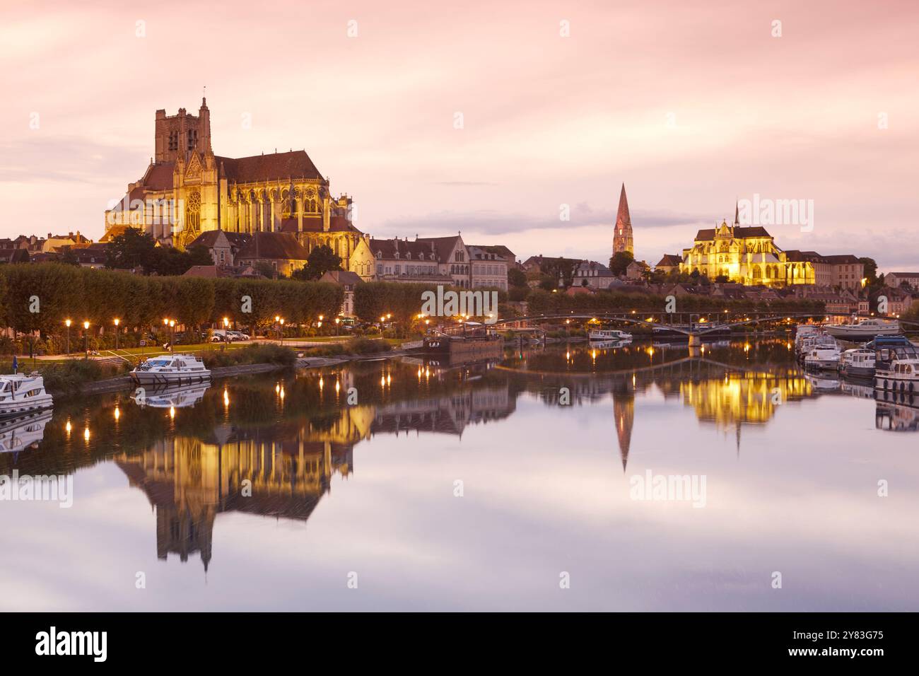 Cathedral and Abbey by Yonne riverfront, Auxerre, Burgundy, France ...