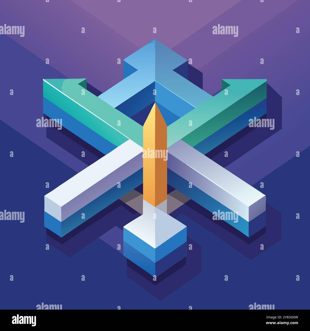 Abstract isometric design with four arrows pointing inwards towards a ...