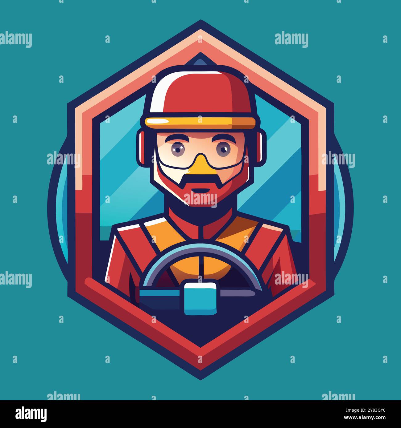 A stylized icon of a race car driver in a red helmet. holding a ...