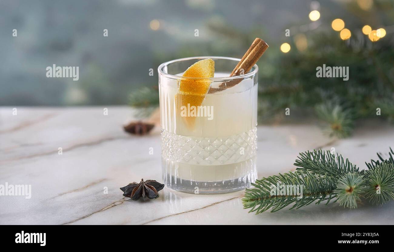 Elegant Christmas cocktail in whiskey tumbler glass with festive ...