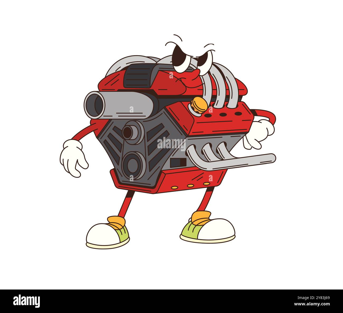 Cartoon retro groovy car engine character. Isolated vector engine, fun ...
