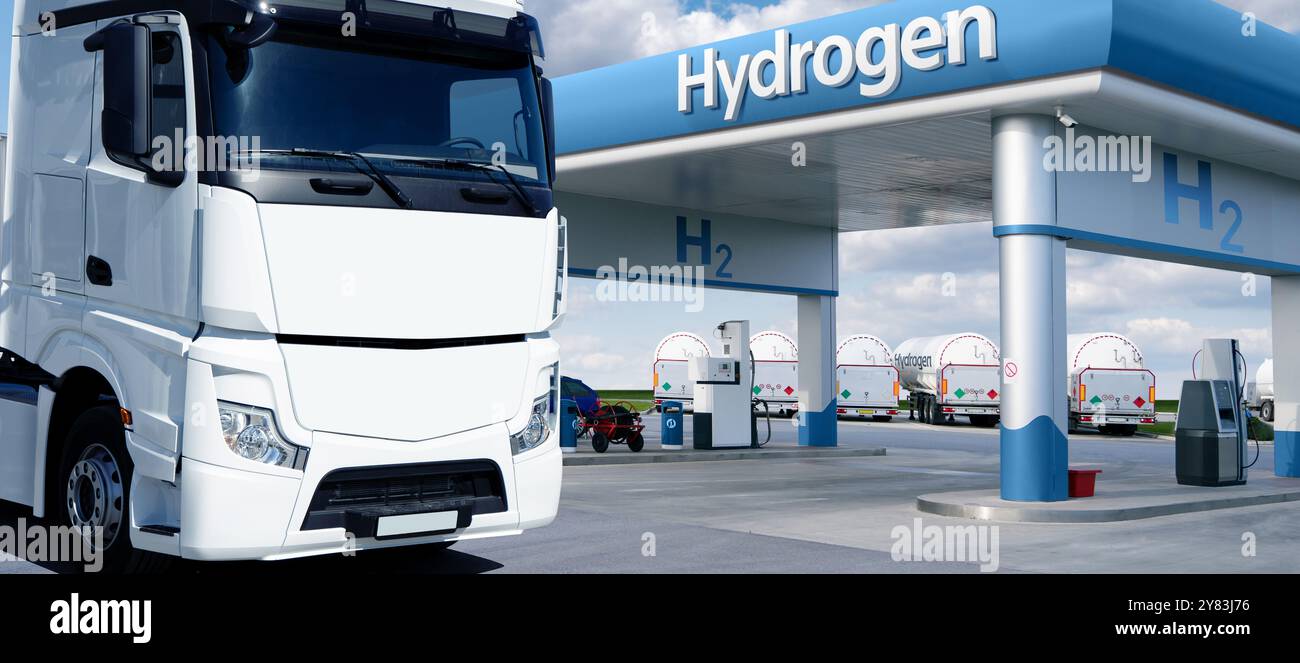 A hydrogen fuel cell semi truck next to filling station. Eco-friendly ...