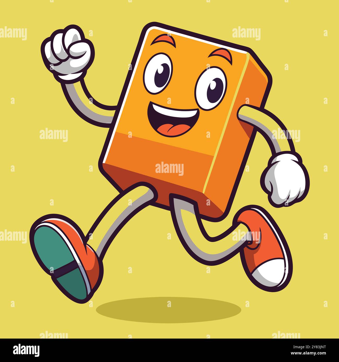 A cheerful cartoon block character with a big smile runs with ...