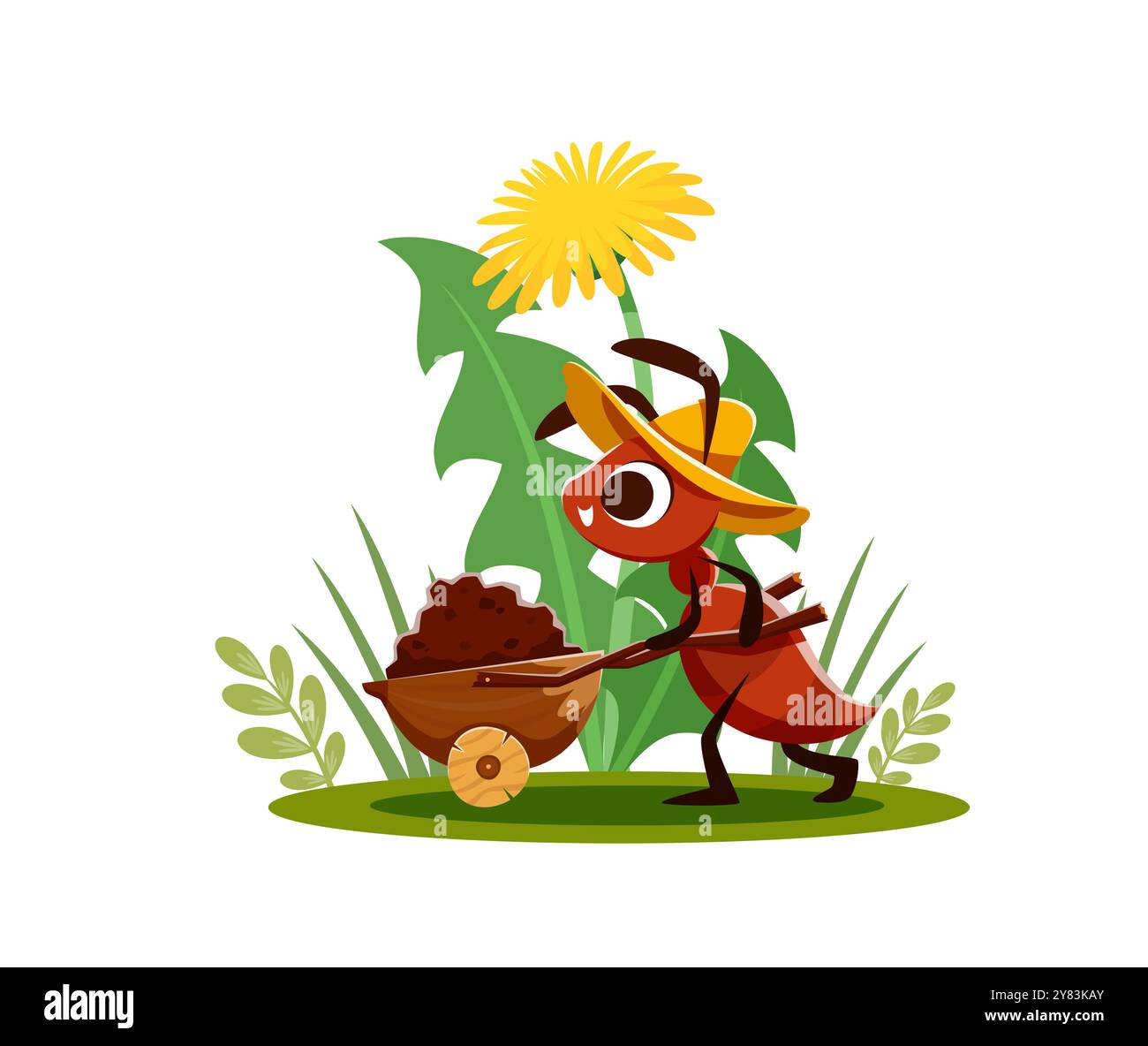 Cartoon ant pushing wheelbarrow with soil on meadow, vector funny ...