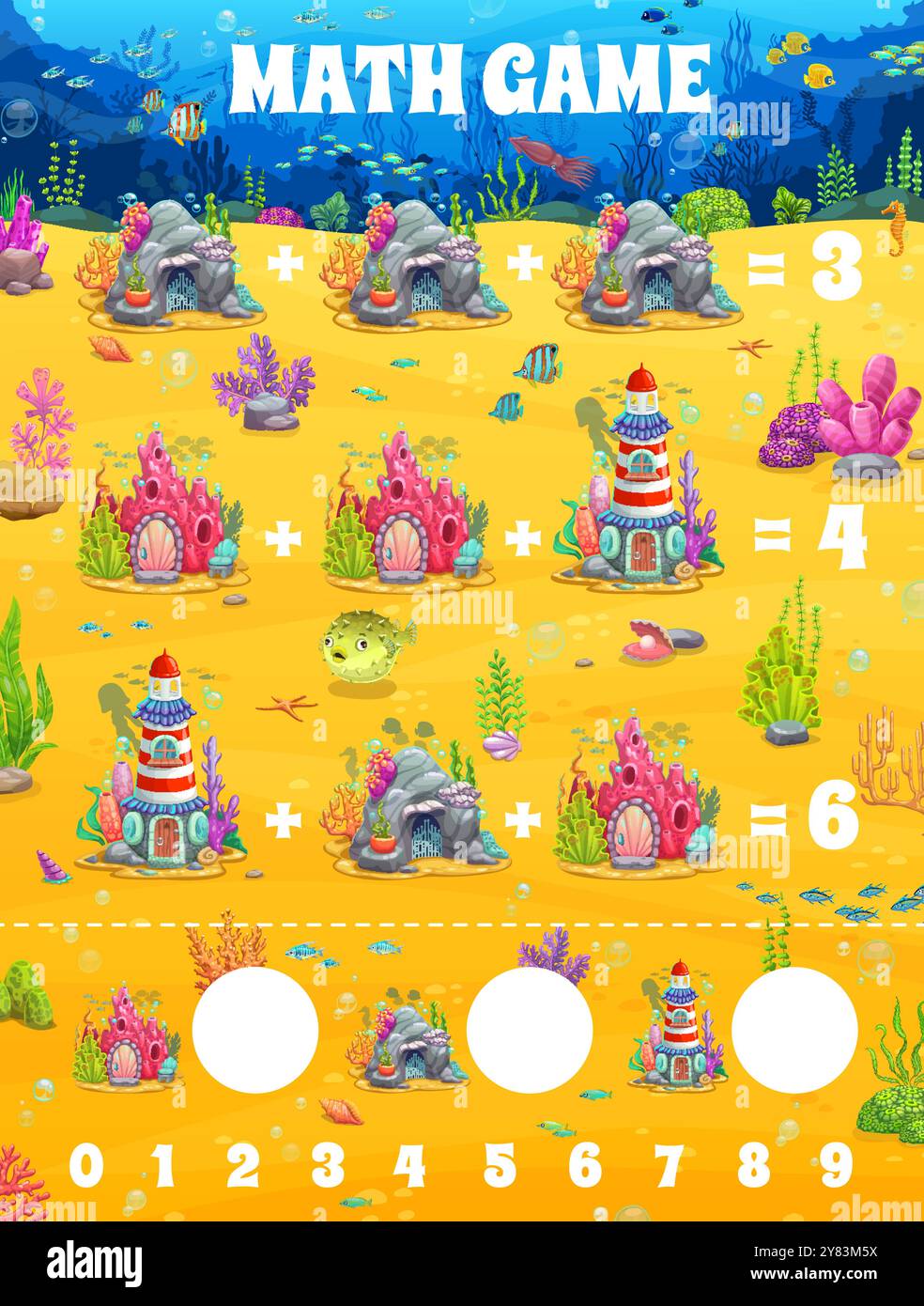 Kids education math game with underwater fairytale houses and homes ...