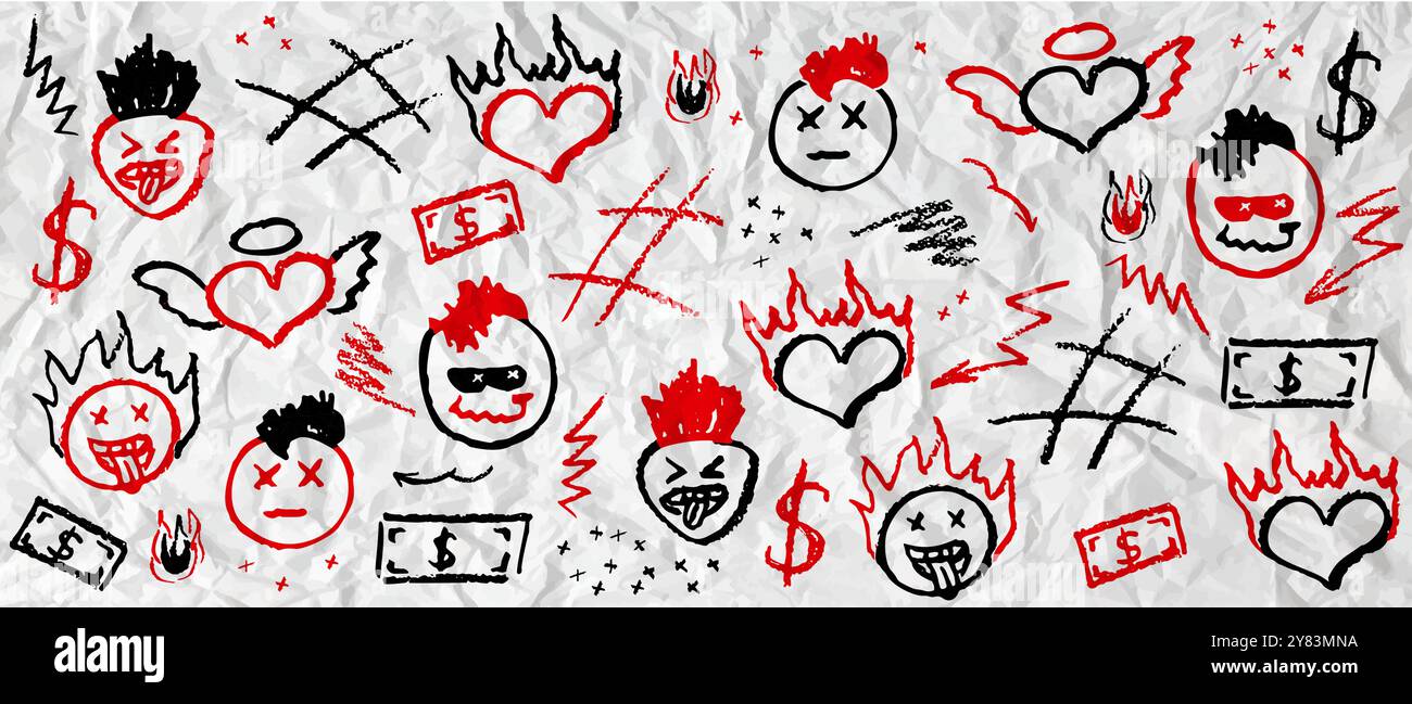 Red and black wax crayon drawing grafitti elements. Marker drawing ...