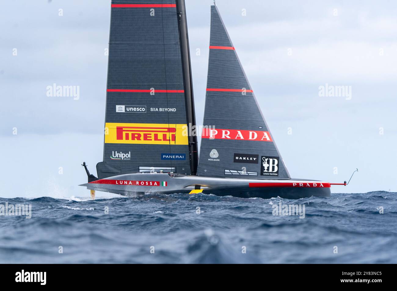 Luna Rossa flying over water in 10th race of 2024 America's Cup ...