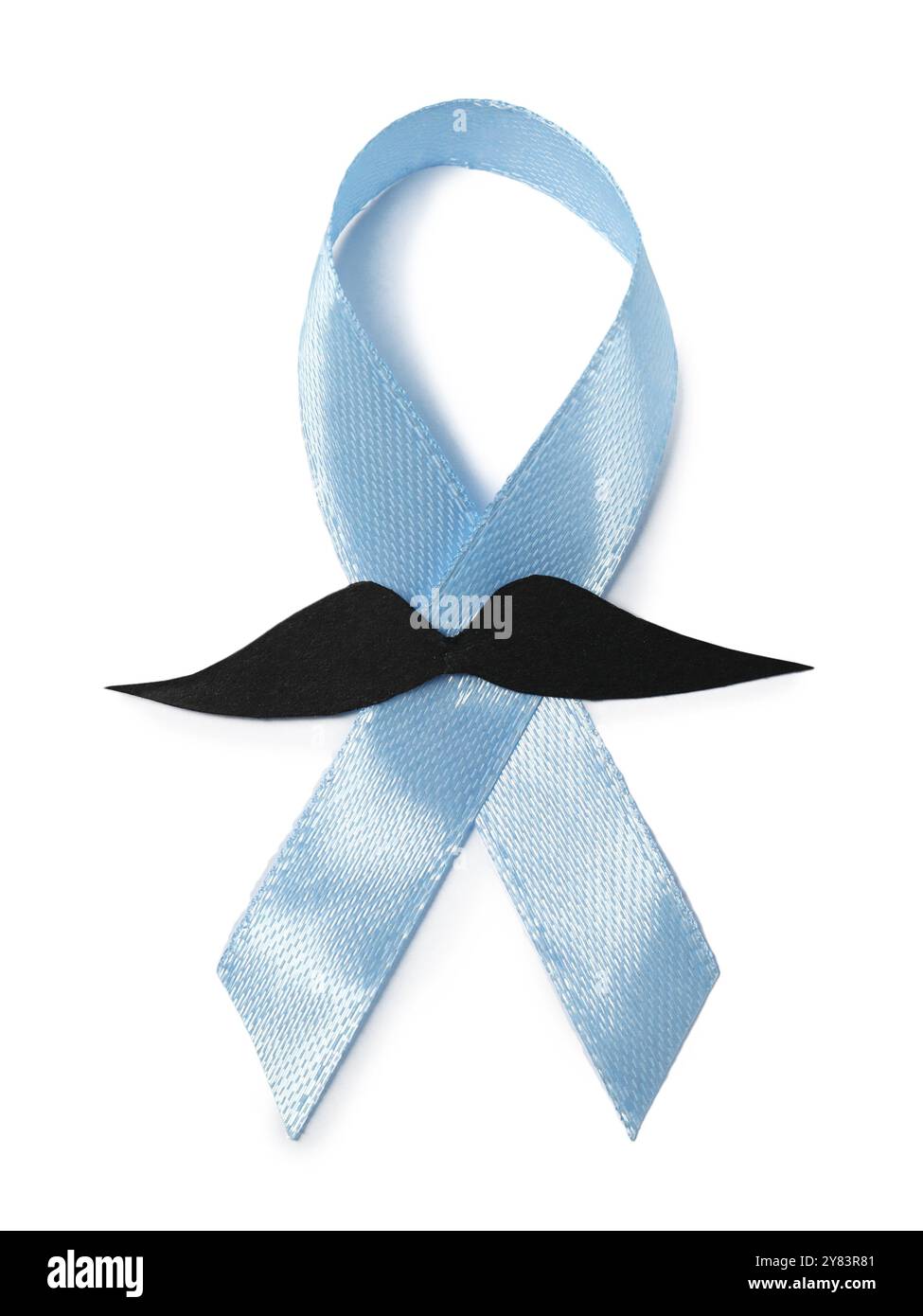 Light blue ribbon and fake mustache isolated on white, top view ...