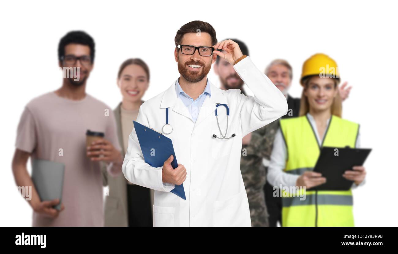 Doctor and people of other professions on white background, selective ...