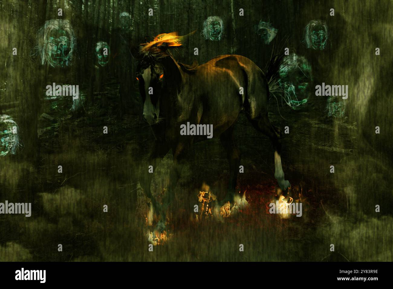 Creepy hell horse surrounded by ghosts in forest Stock Photo - Alamy
