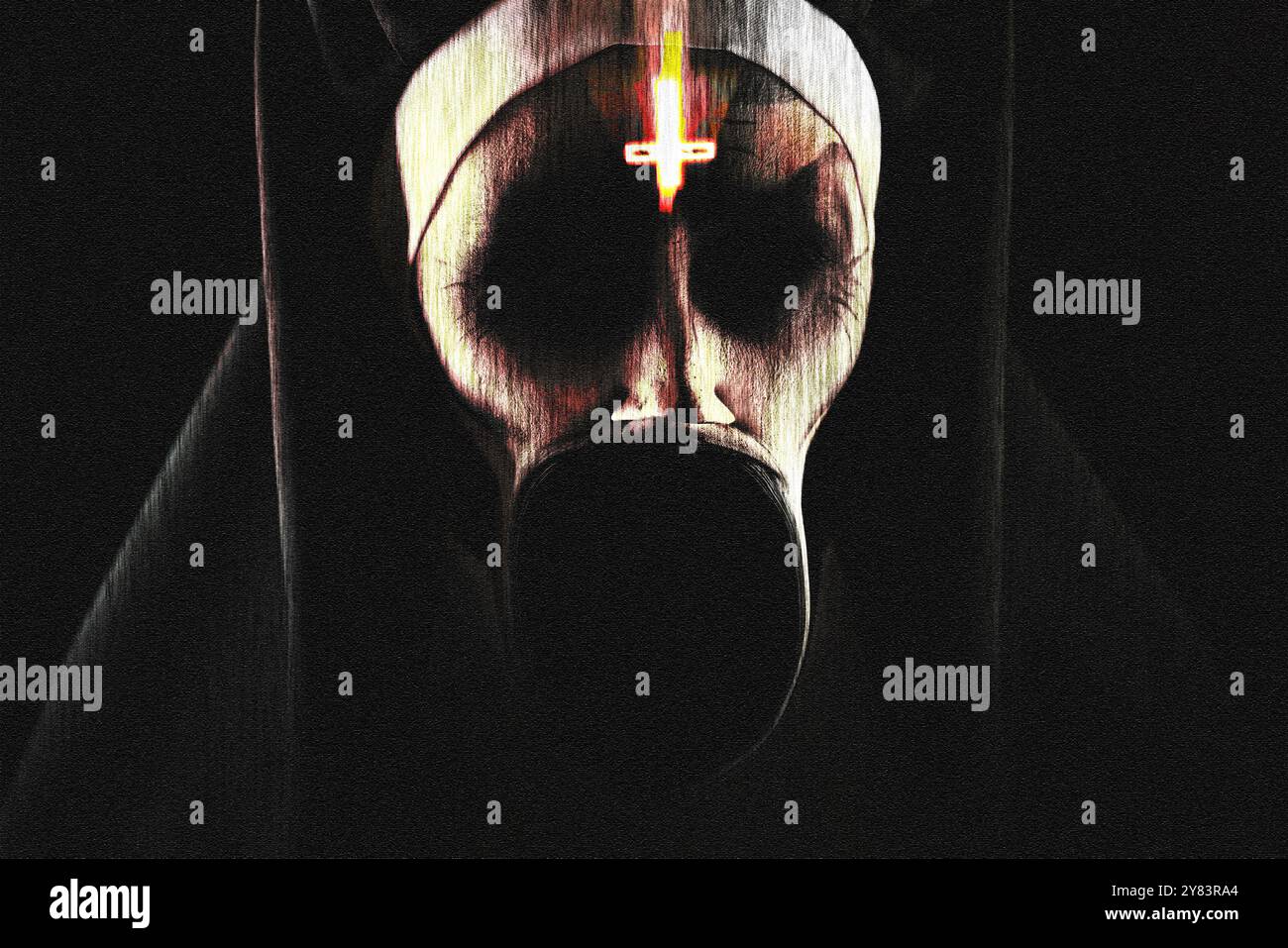 Terrifying nun with overturned cross on forehead and distorted in ...
