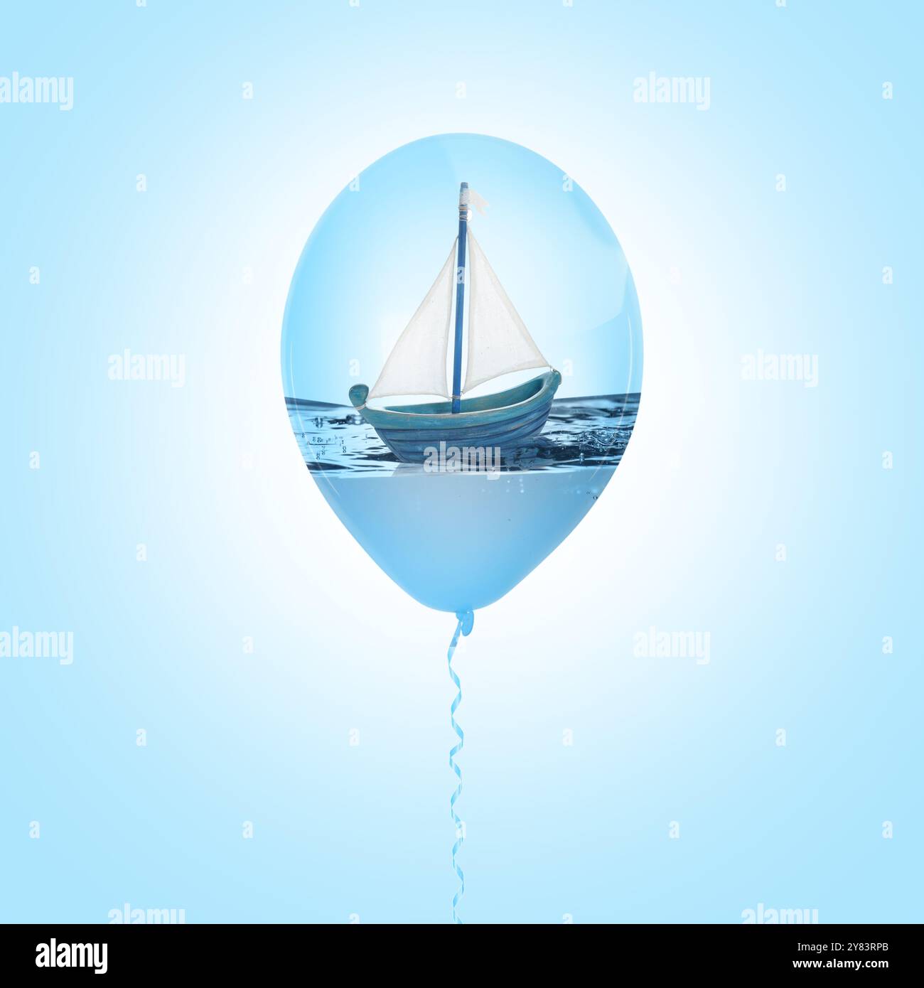 Ship floating on water inside balloon against light blue background ...
