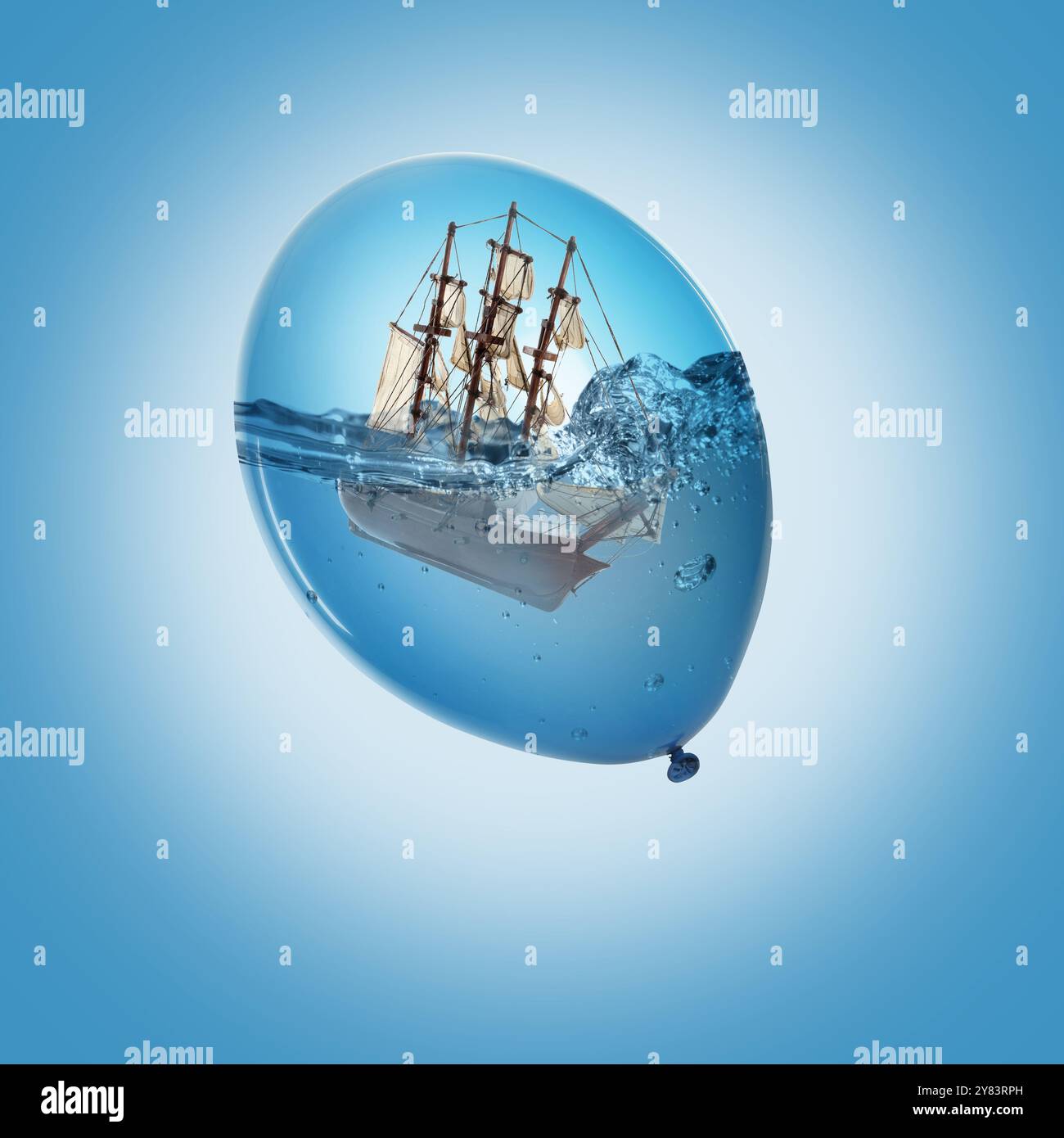 Ship sinking in water inside balloon against light blue background ...